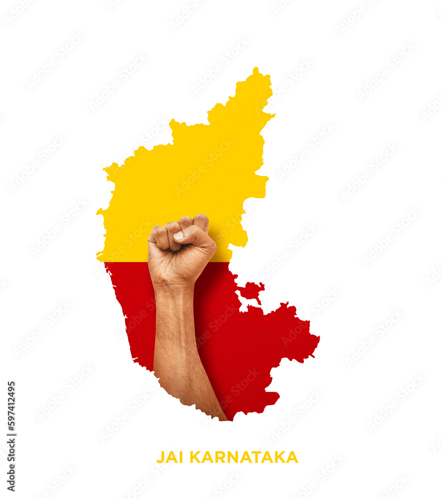 Karnataka map yellow and red flag with hand to show power of Karnataka ...