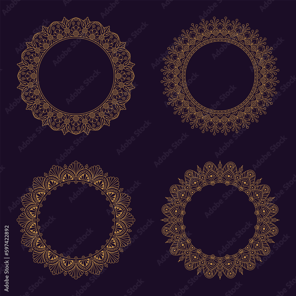 Set of 4 round golden mandala border design for logo, invitation and ...