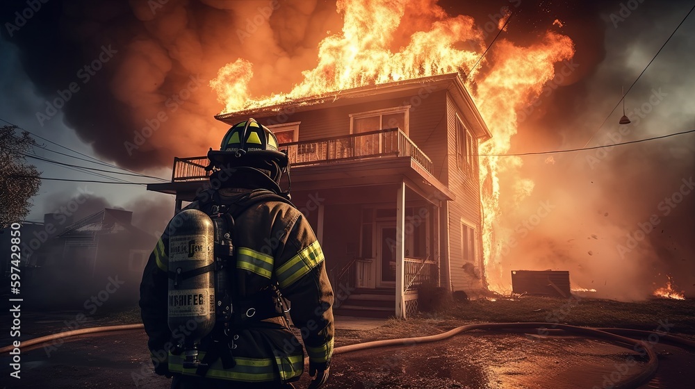 Firefighter in front of a burning house. Fireman, burning building ...