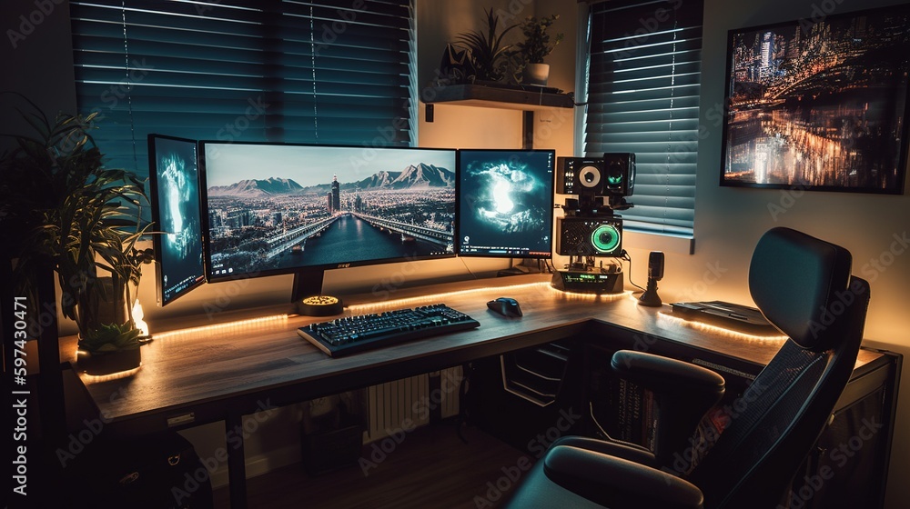 Cozy home game room with PC and desk. Multiple monitors. Ultrawide ...