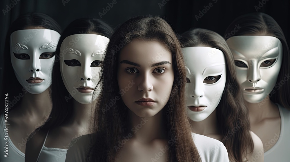 Faces of girls in carnival masks. Portraits of girls without emotions ...