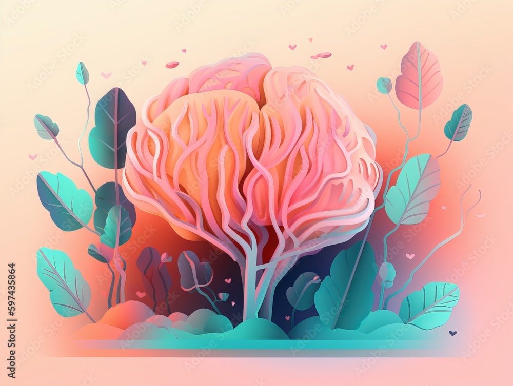 Tree with brain, pinky and cyan colors, illustration of creative ...