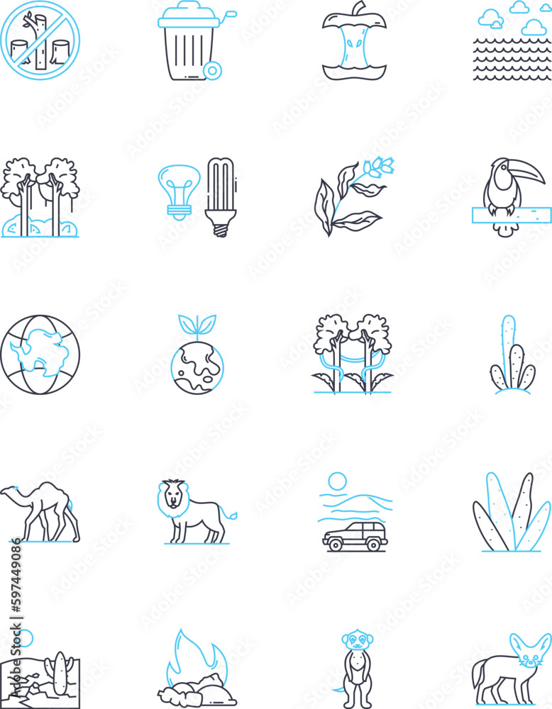 Biodiversity linear icons set. Ecosystems, Species, Habitat, Endangered ...