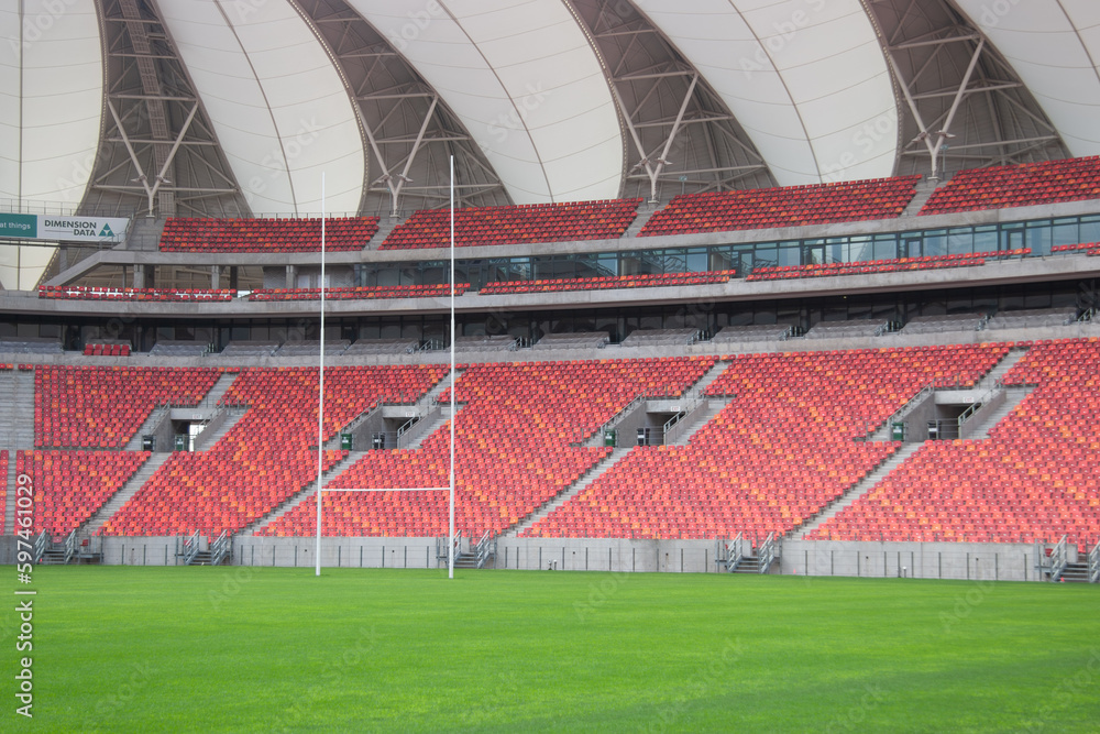 Gqeberha, SOUTH AFRICA - circa 2010: Rugby goal post on vibrant green ...