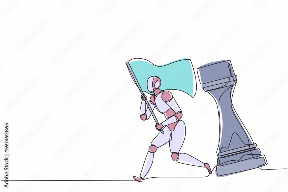 Continuous one line drawing robots running and holding flag beside big ...