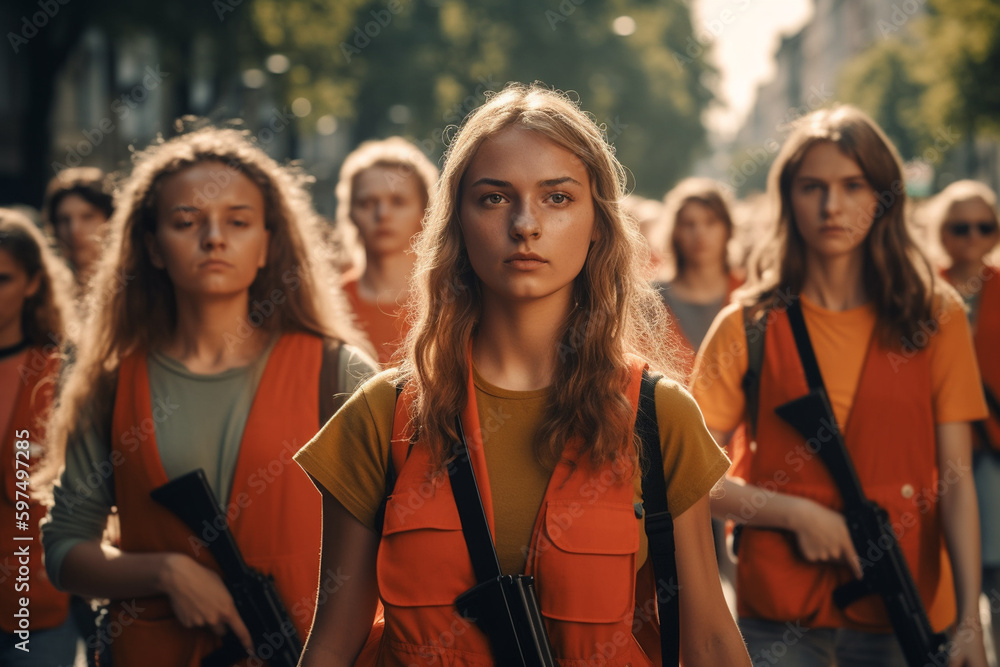 armed demonstrating protesting youths teenagers girls and boys on the ...