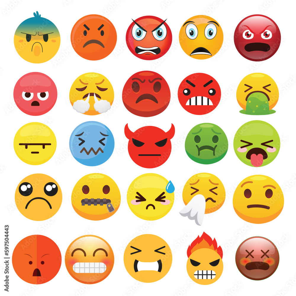 Emoji angry vector set. Emojis sad and serious yellow faces isolated in ...