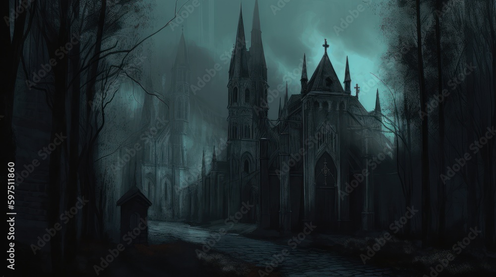Gothic horror world with dark castle, crypts, and haunted forests Stock ...
