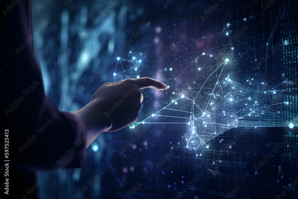 Big data technology and data science with person touching data flowing on virtual screen ...