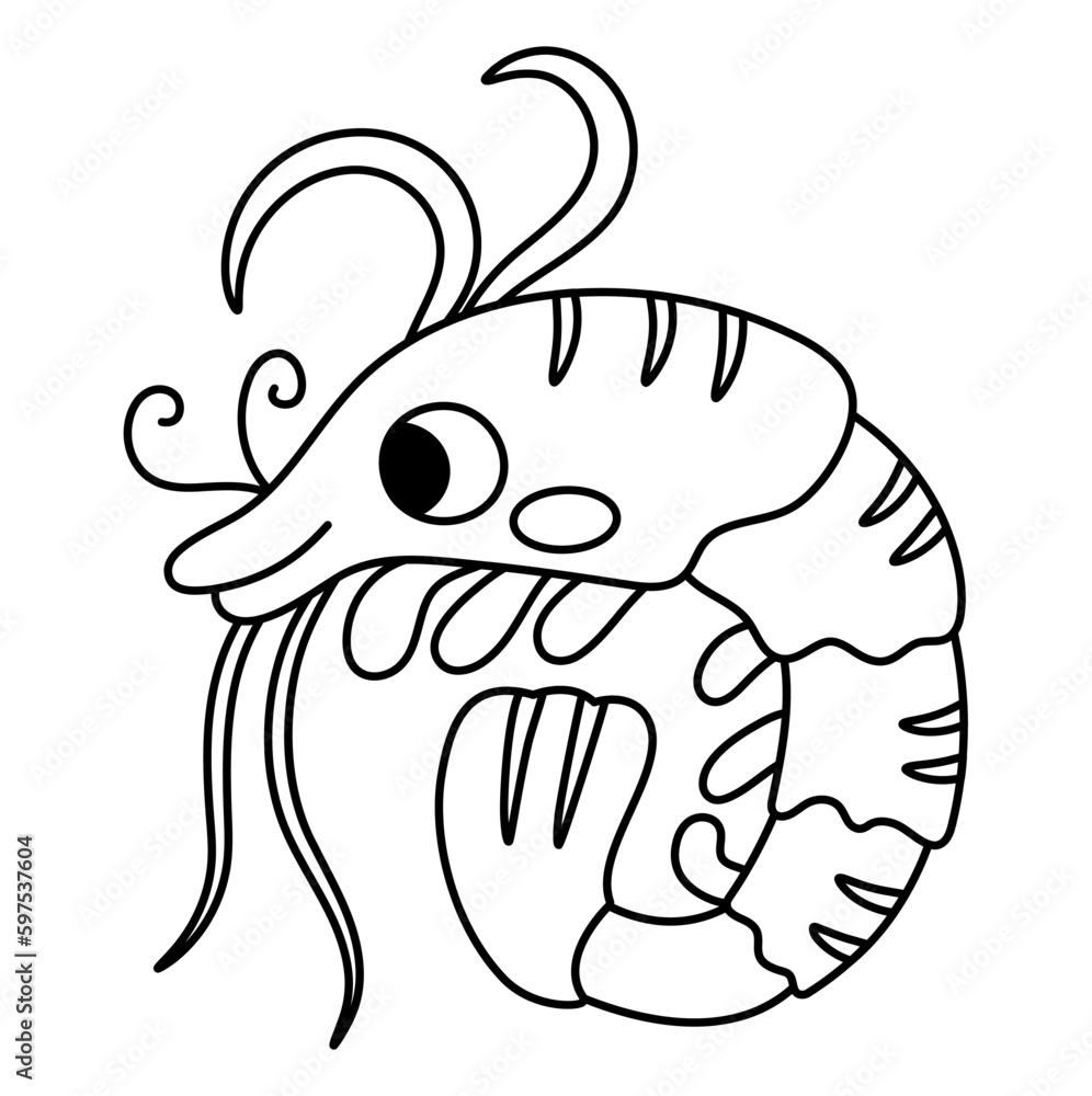 Vector black and white shrimp icon. Under the sea line illustration ...