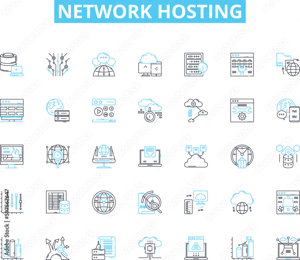 Network hosting linear icons set. Cloud, Server, Virtualization, Bandwidth, Colocation ...