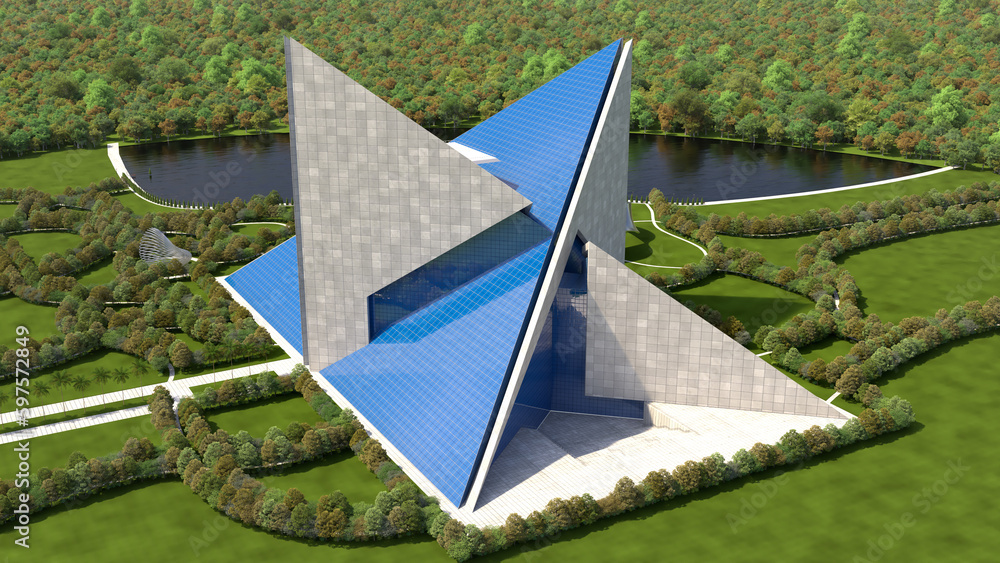 Aerial view illustration of futuristic architecture with interlocked ...