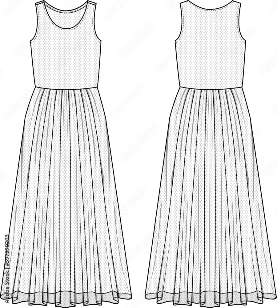 Women's Sheer-Mesh Maxi Dress- Technical fashion illustration. Front ...