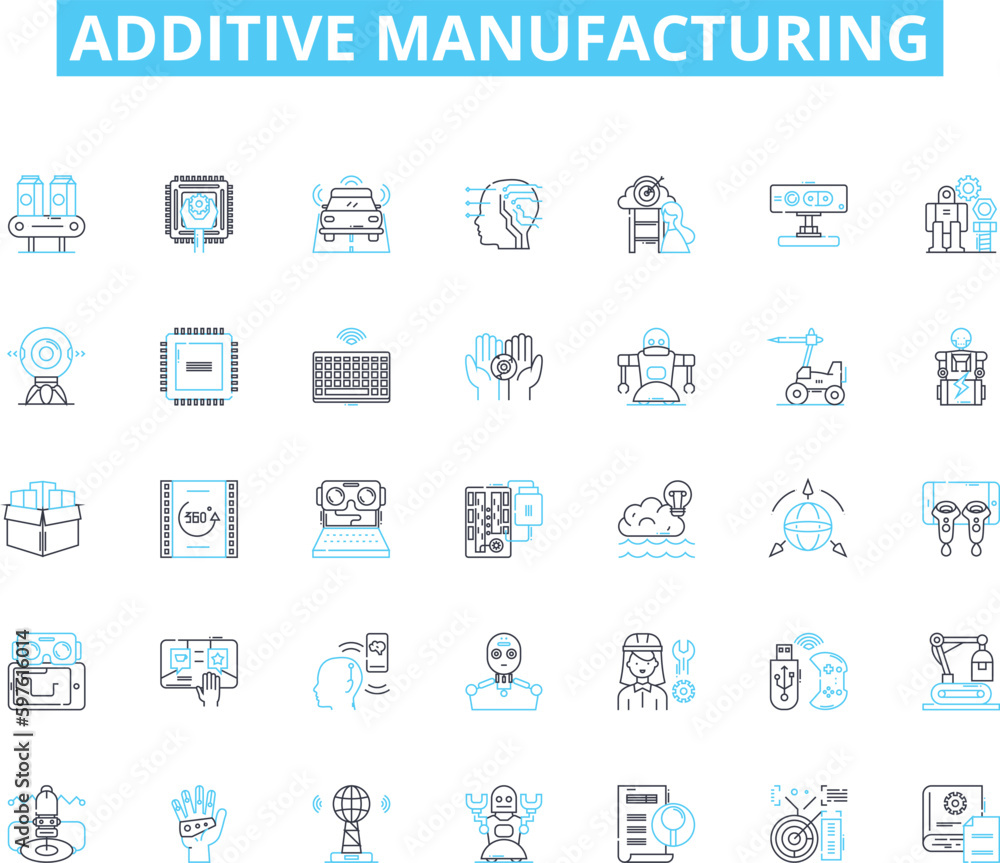 Additive manufacturing linear icons set. D printing, Layering, Polymerization, Filament, Resin ...