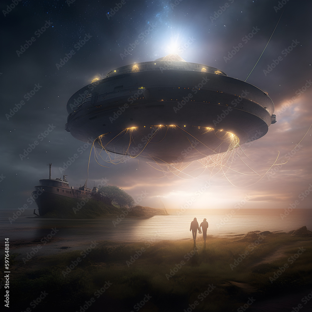 a night scene where a mysterious and magical sphere-shaped ufo ship is ...