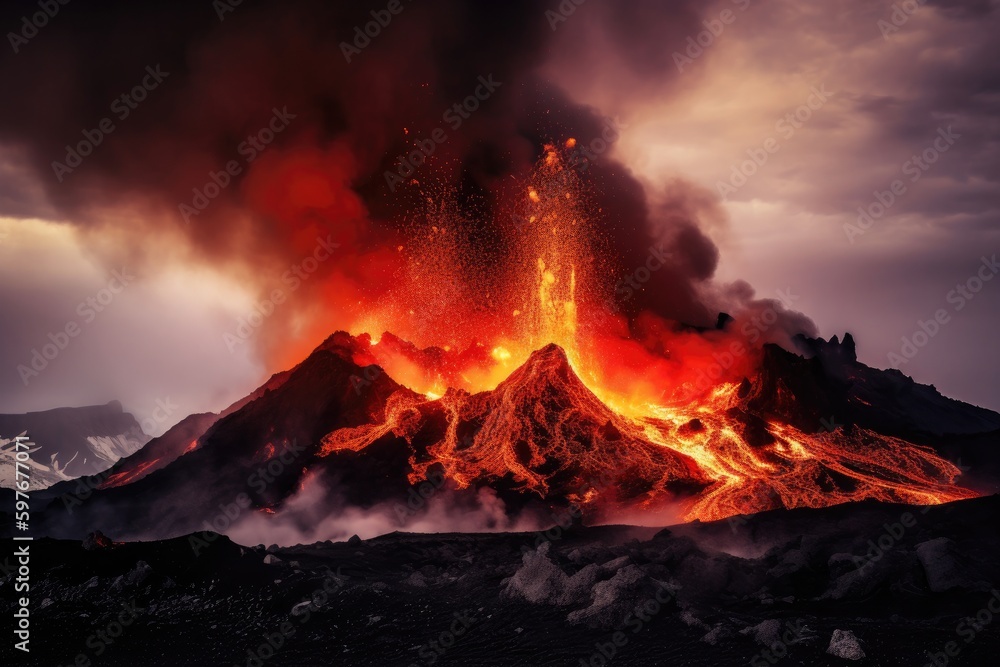 Volcanic Mountain Eruption with Lava, Ash, and Fire Exploding in to the ...