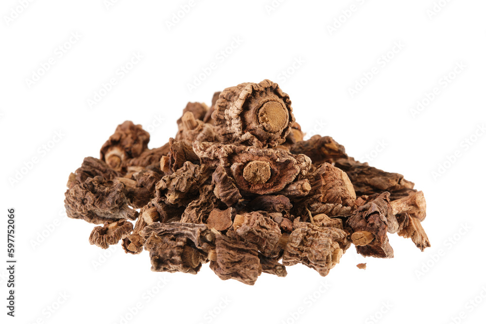 Pile of anantamul root (Hemidesmus indicus), also called Indian ...
