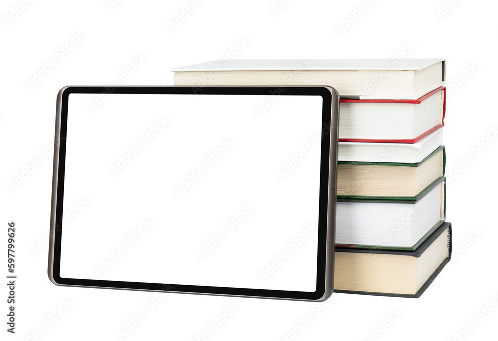 Digital tablet with blank display with books isolated on transparent ...