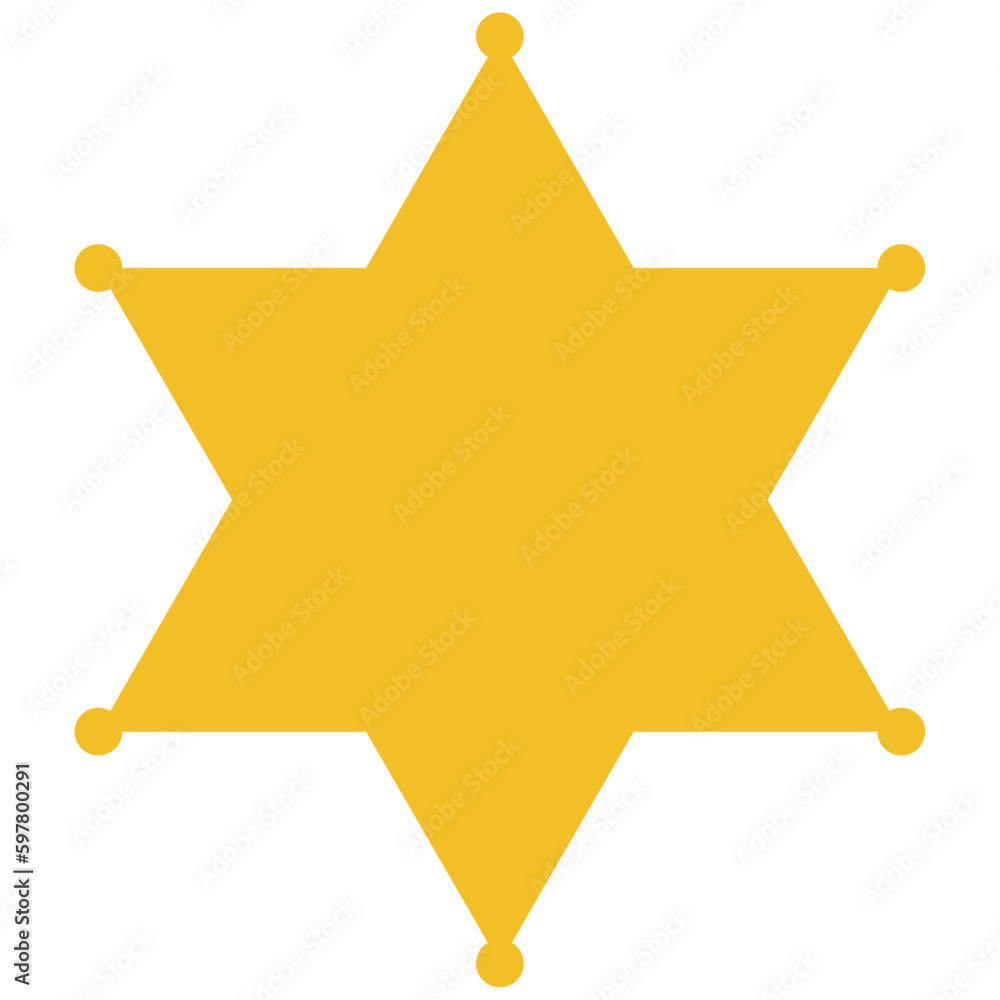 Sheriff's badge icon, yellow golden color six pointed hexagonal star ...