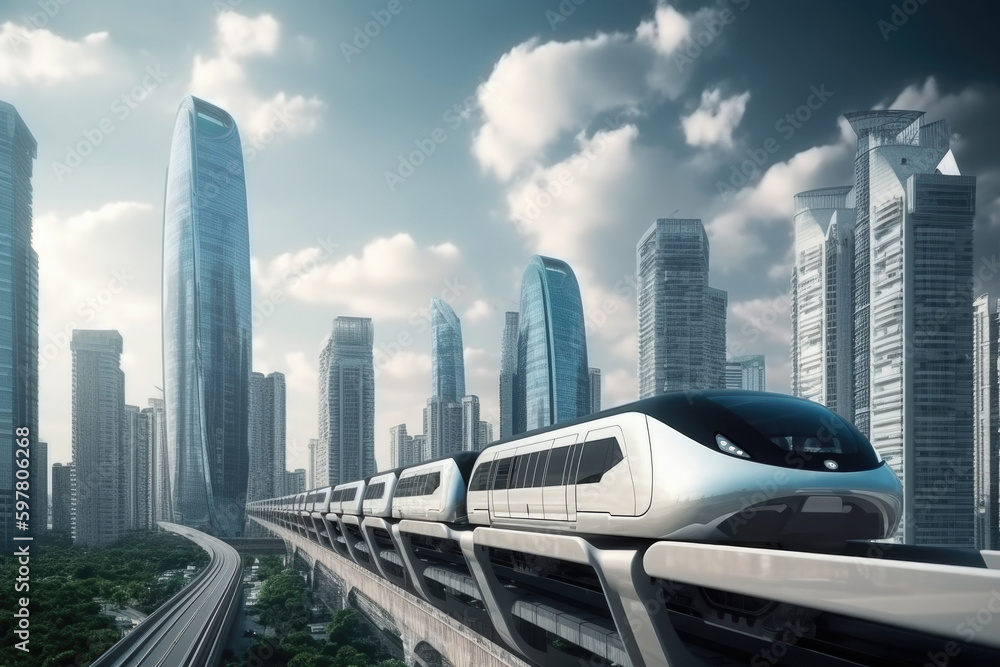 Futuristic public transport. Modern high speed train in city ...