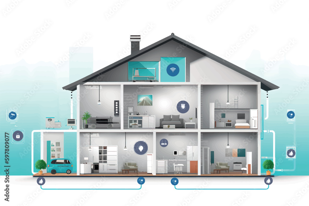 Cross section of a house with smart home connections, wifi stations ...