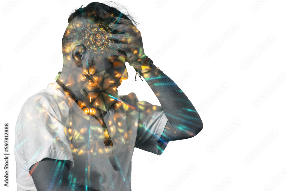 Young man holding his forehead with his hand as a sign of some disorder ...