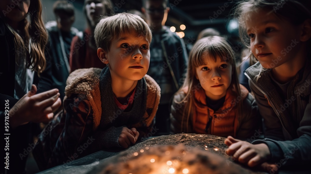 A group of children participating in an asteroid-themed science fair ...