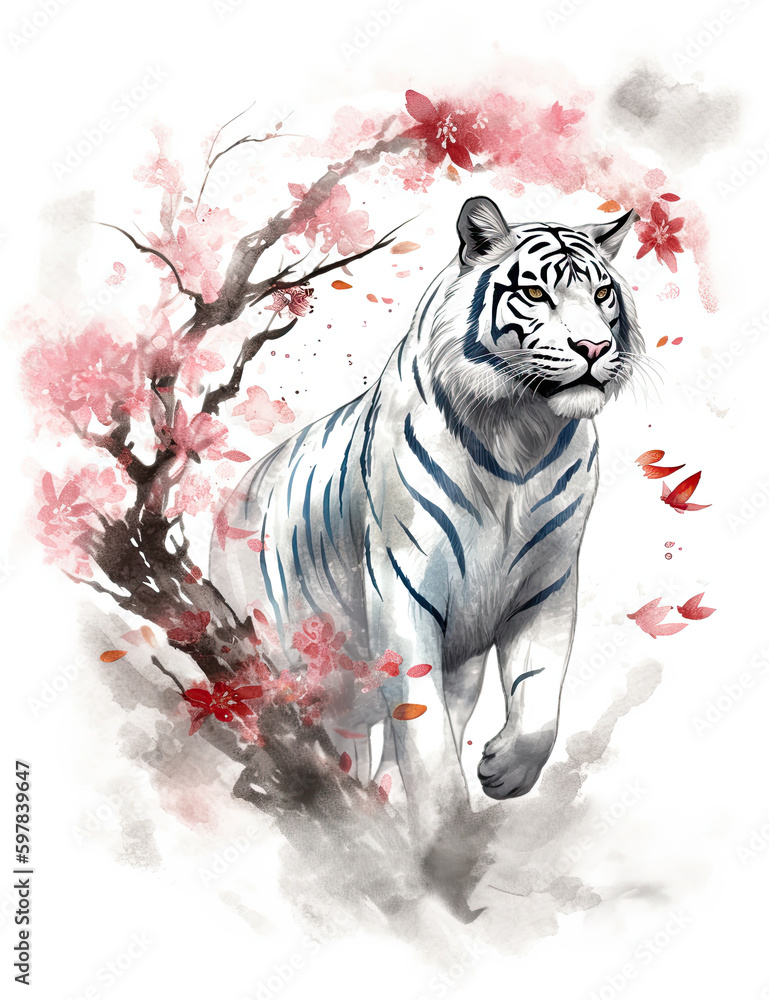 White tiger asian style art, wall print, digital print, wild life ...
