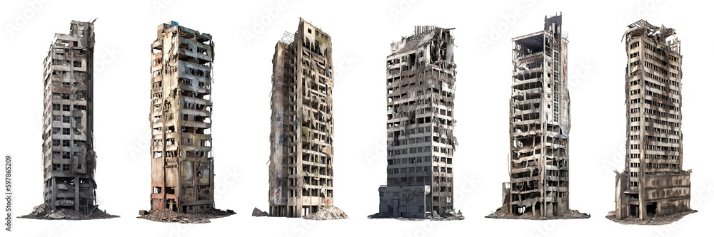 Set of ruined skyscrapers isolated on transparent background - Generative AI Stock Illustration ...