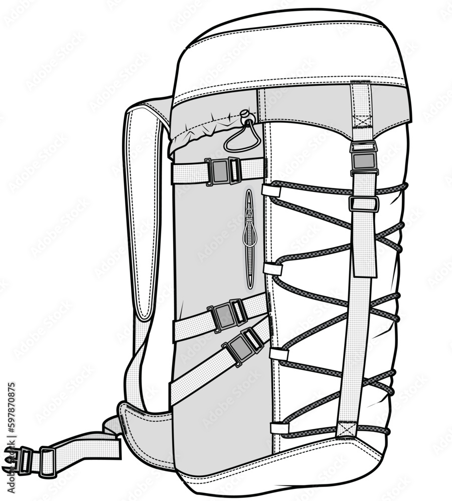 hiking backpack flat sketch vector illustration technical cad drawing ...