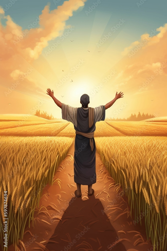 Cartoon, the back of the prophet Joseph walk in a big farm in the ...