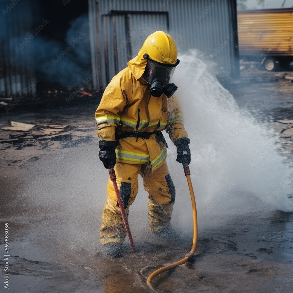 Ilustração Firefighter Rescue training in fire fighting extinguisher ...