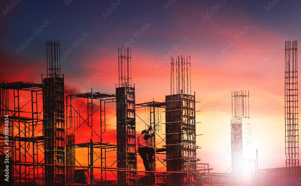 Silhouette engineer work on high ground heavy industry and safety ...
