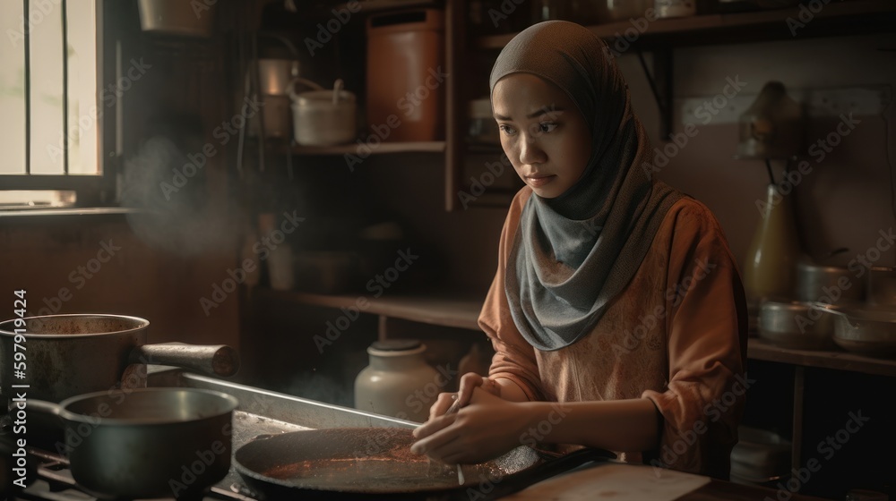 muslim woman cooking in kitchen at home, asian food concept, Generative ...