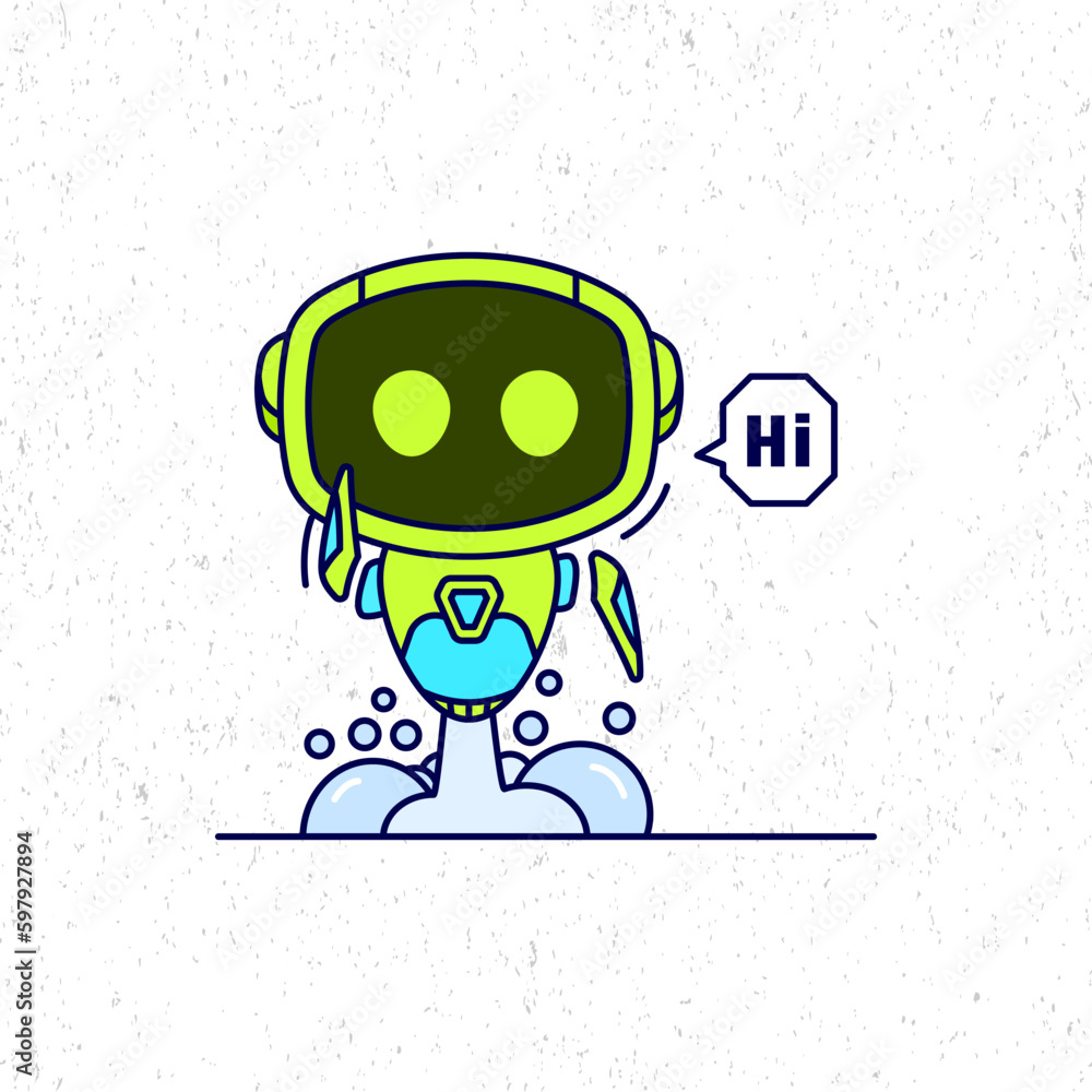 Cute green robot say hi icon illustration. Flat cartoon character ...