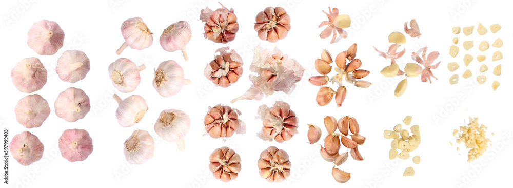 Set of fresh whole, peeled, sliced and chopped garlic isolated on white ...