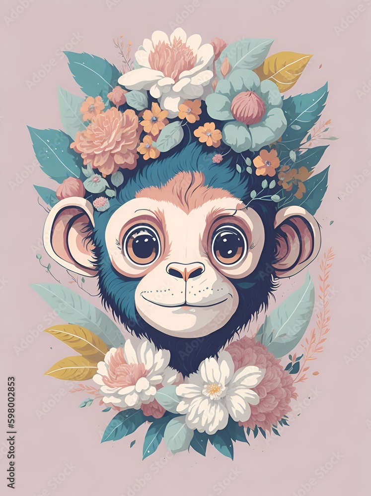 detailed illustration of vintage cute monkey head wearing sunglasses ...