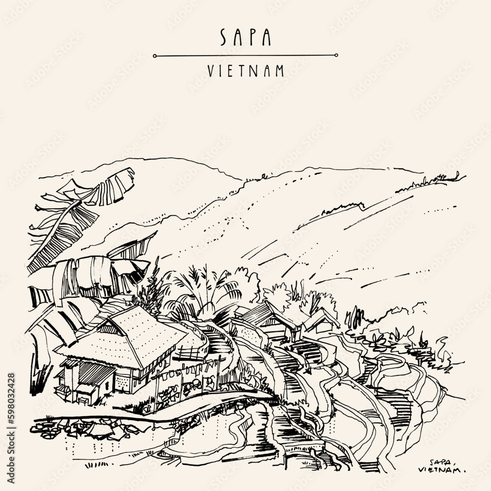 Vector Sapa, Vietnam, Southeast Asia vintage hand drawn postcard. Rice ...