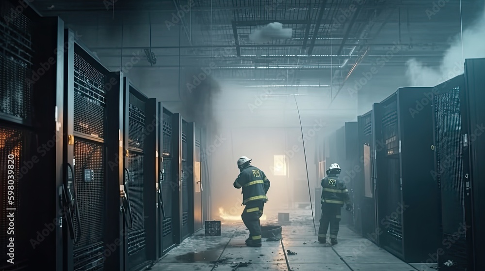 Firefighters tackling data center fire with burning servers racks ...