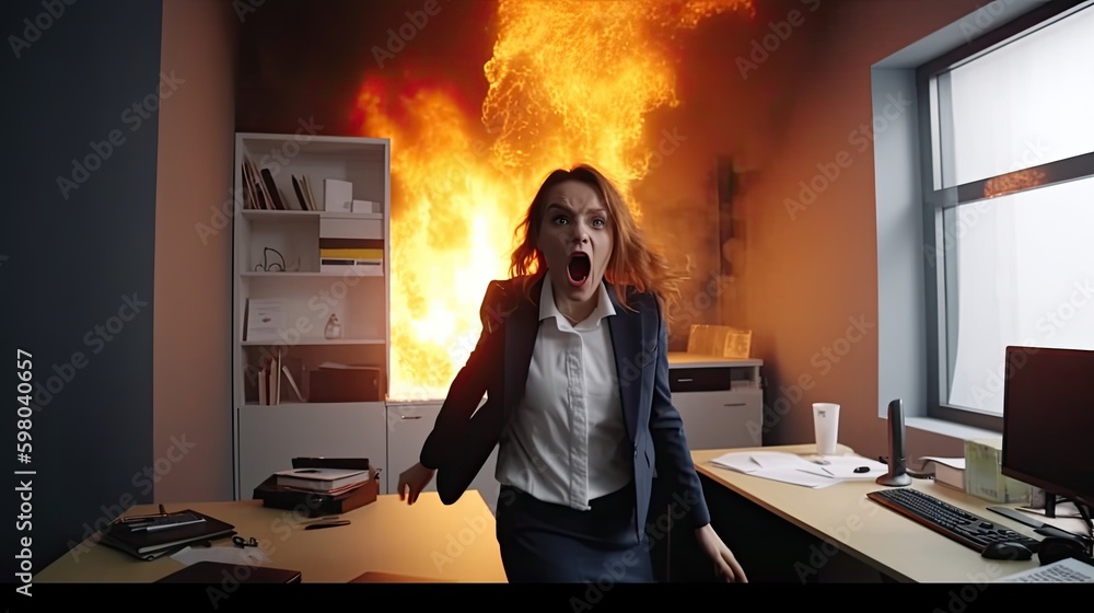Scared woman running away from fire in office, screaming female office ...