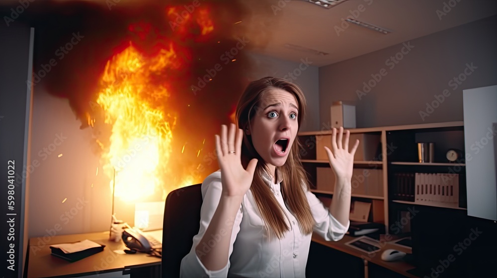 Scared woman running away from fire in office, screaming female office ...
