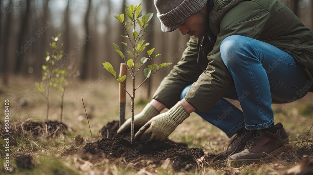 Planting Trees Positive volunteer gardener caring with safety ready to ...