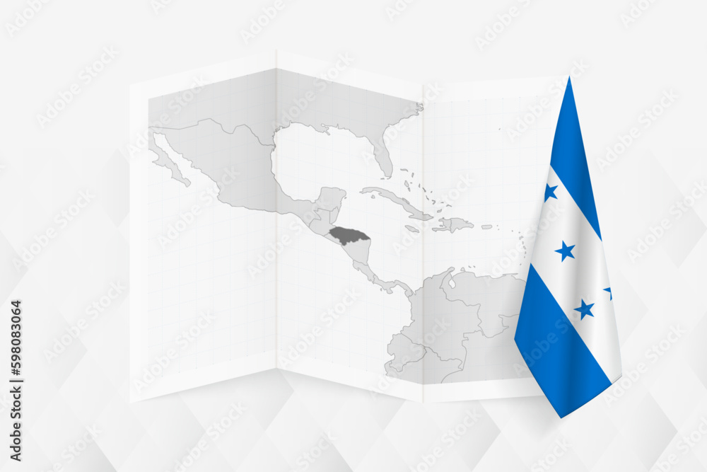 A grayscale map of Honduras with a hanging Honduran flag on one side ...