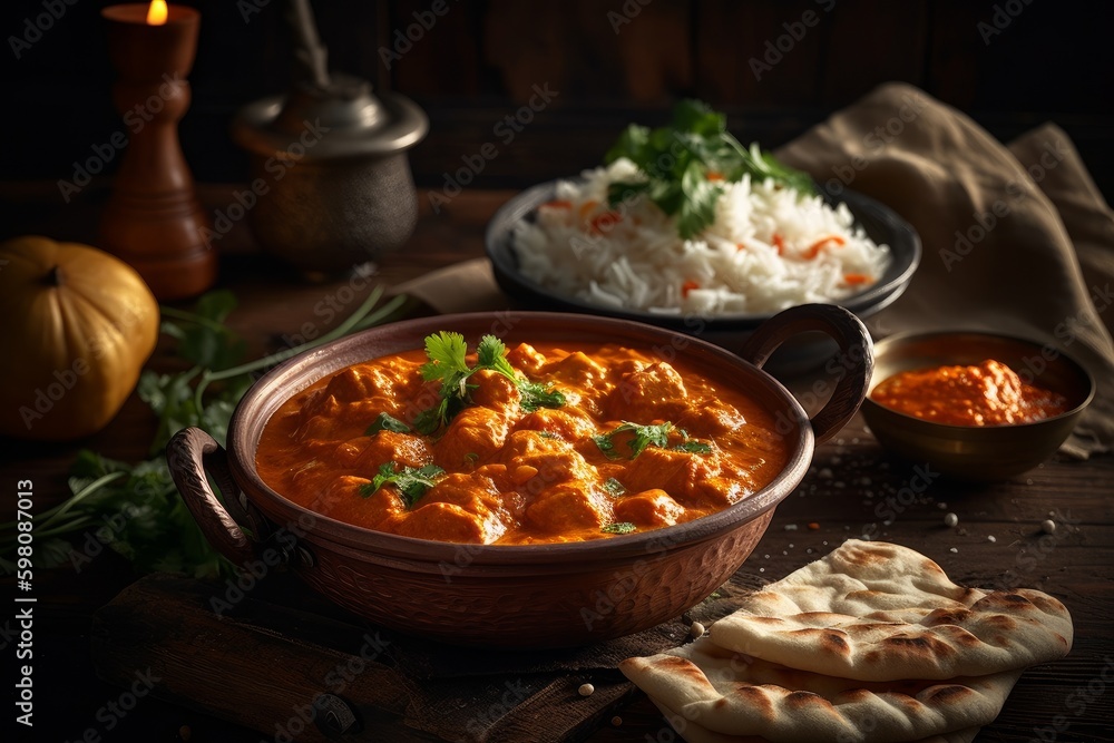 Deliciously Spicy and Colorful Curry with Rice and Naan Bread Enhanced ...