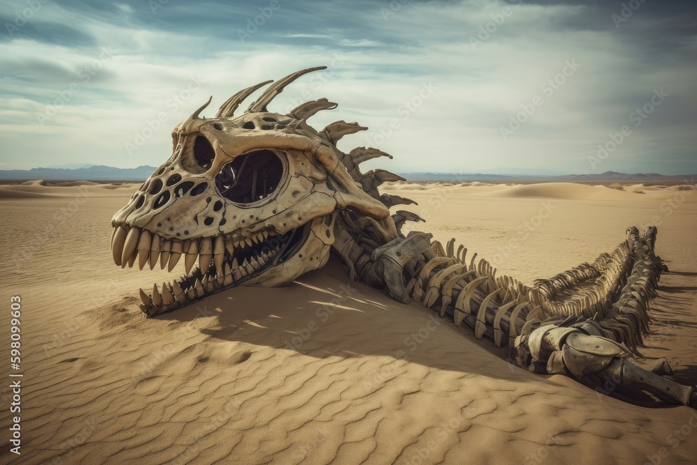 Colossal dragon skeleton lay half-buried in the desert sands, a ...