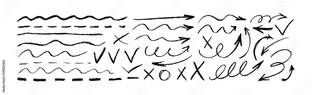 Charcoal arrows, wavy lines, crosses and check marks vector icons set ...