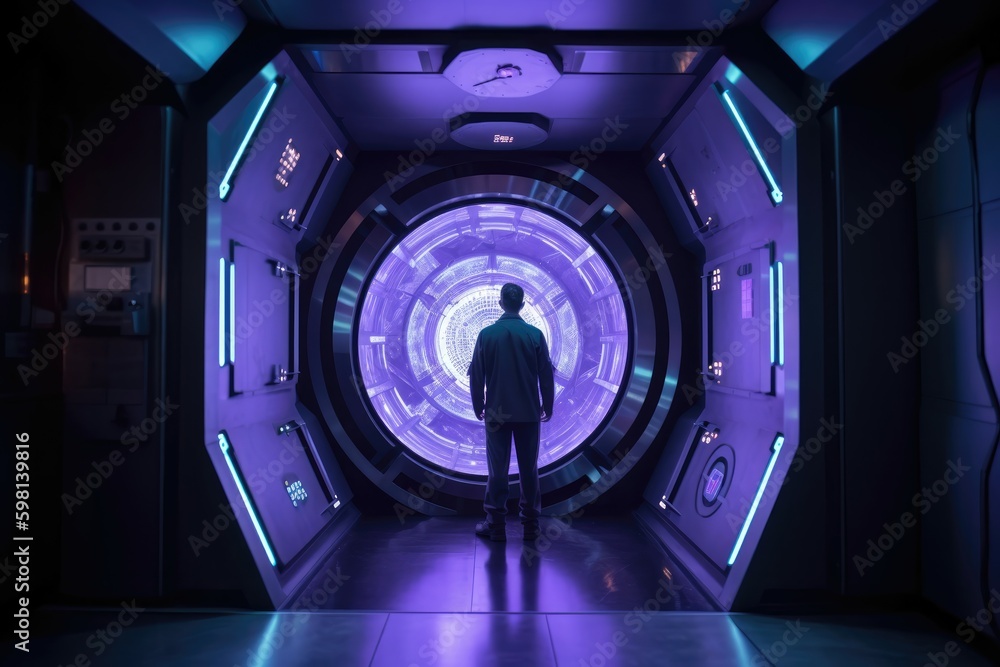 Time machine portal opening up in a laboratory, with a blue and purple ...