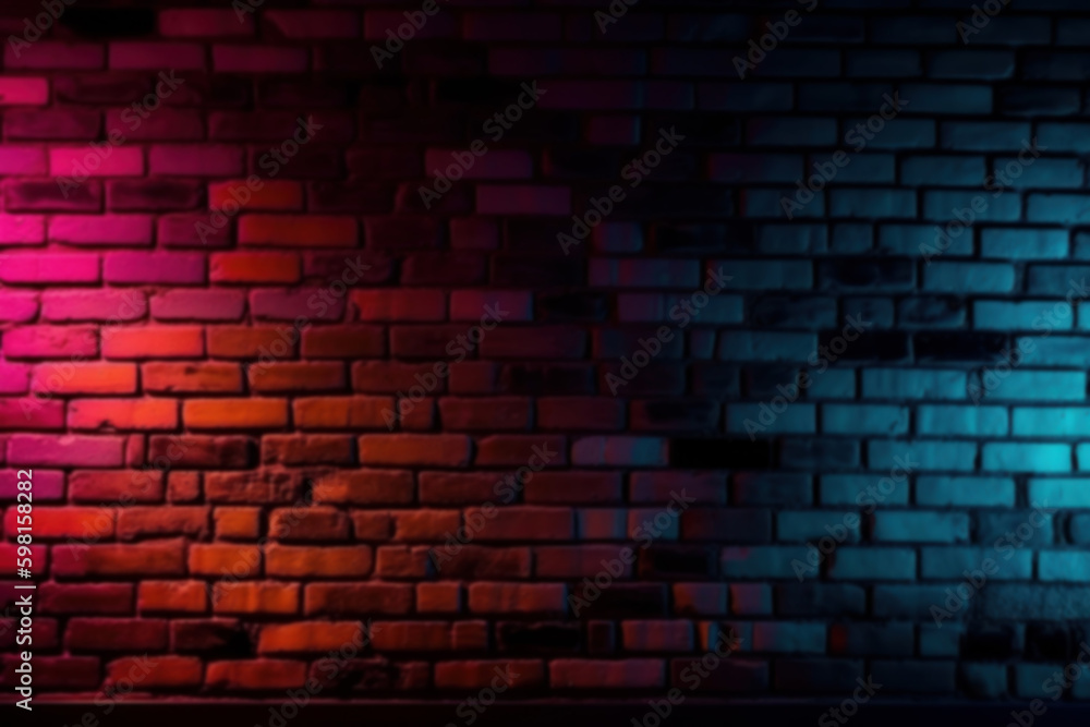 Blurred brick wall background with neon light. Defocused back. Bokeh ...