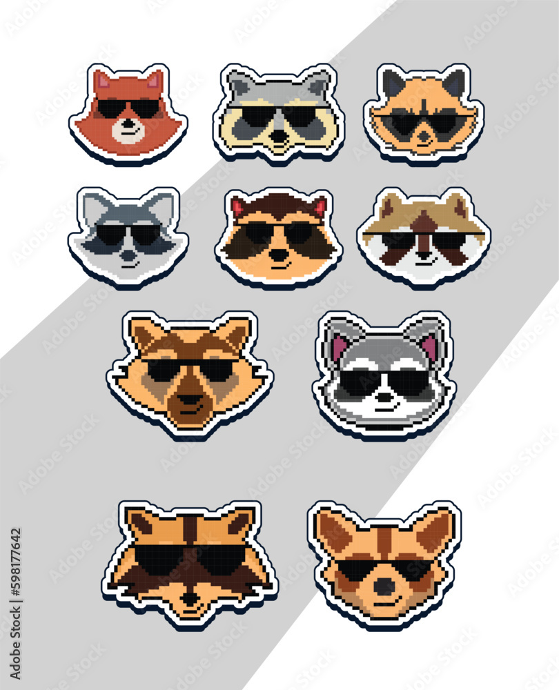 Vector de Stock pixel art raccoon faces emoji sticker pixel sticker ...