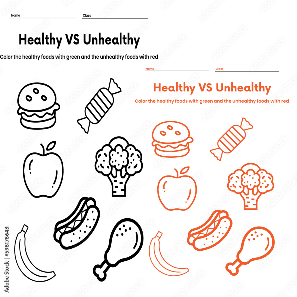Healthy vs unhealthy foods worksheet Stock Vector | Adobe Stock